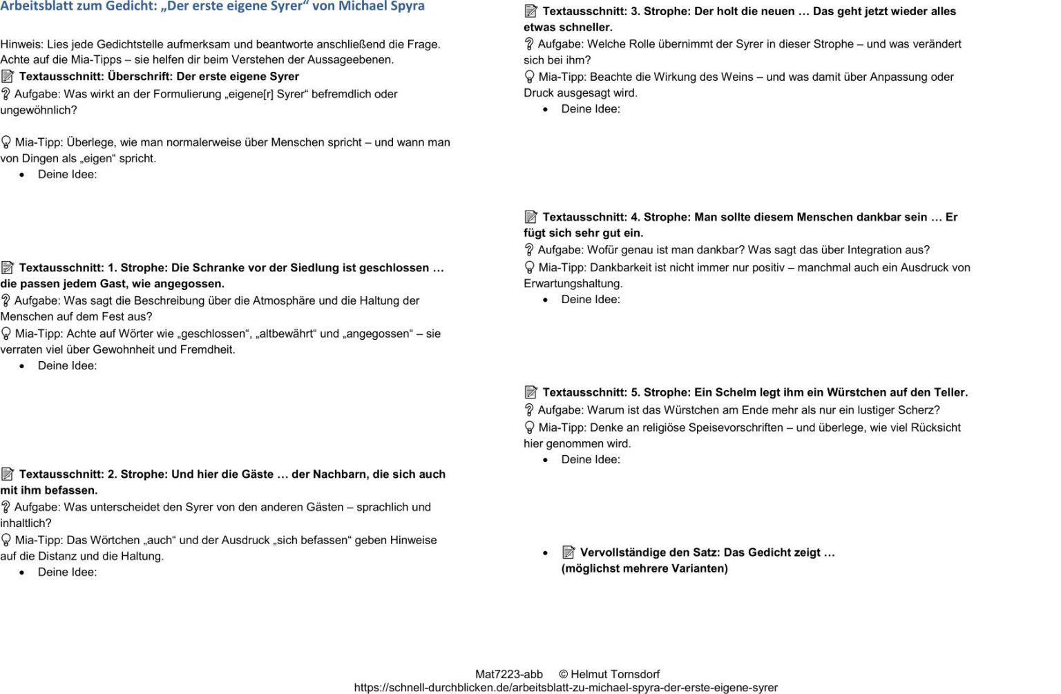Arbeitsblatt zu: Michael Spyra, "Der erste eigene Syrer" (Mat7223-abb ...